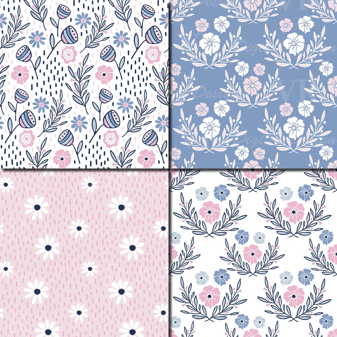 Romantic Floral Digital Paper, Blue and Pink Flowers Seamless Pattern ...