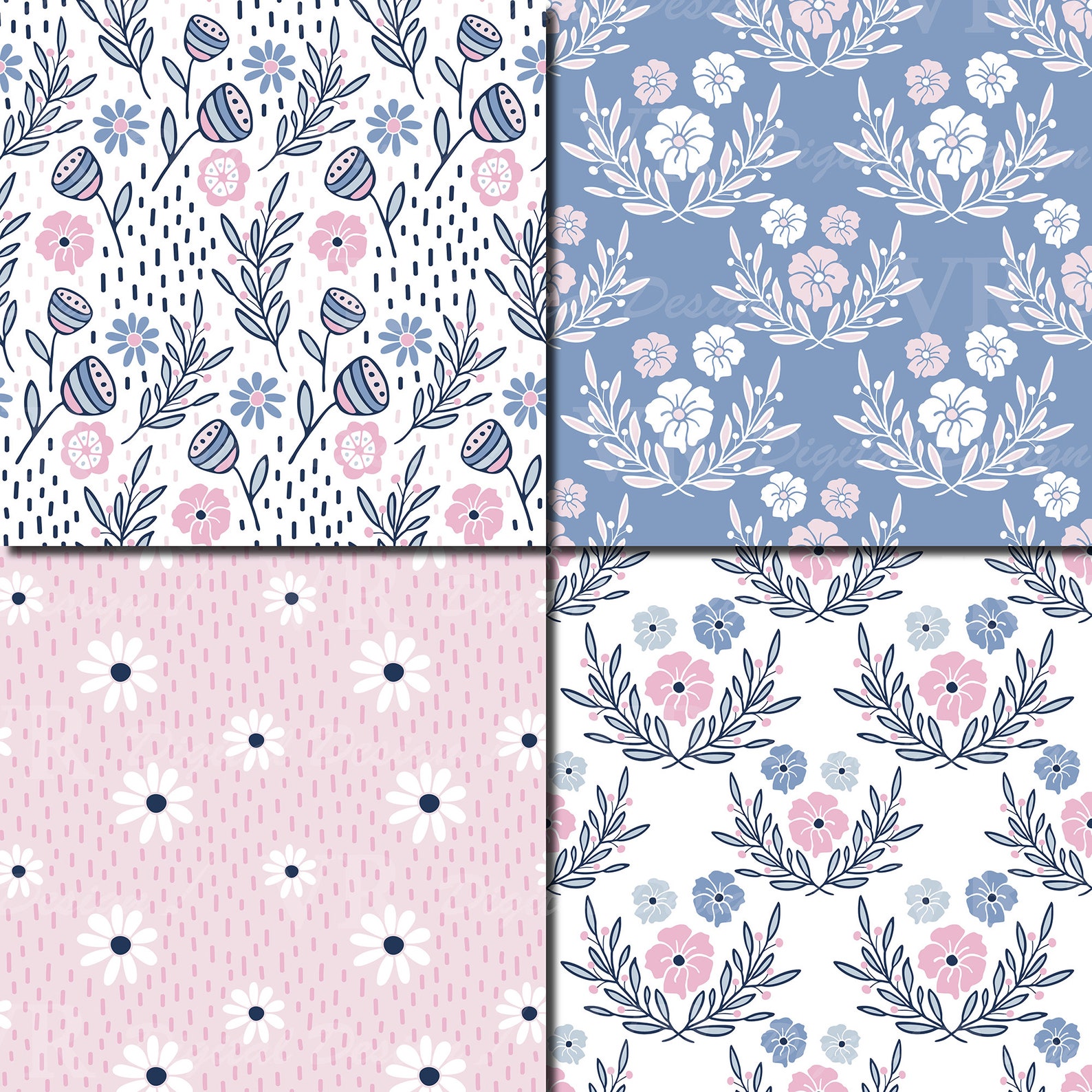 Romantic Floral Digital Paper, Blue and Pink Flowers Seamless Pattern ...