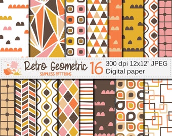 Retro Geometric Digital Paper Blue Coral Yellow Seamless | Etsy