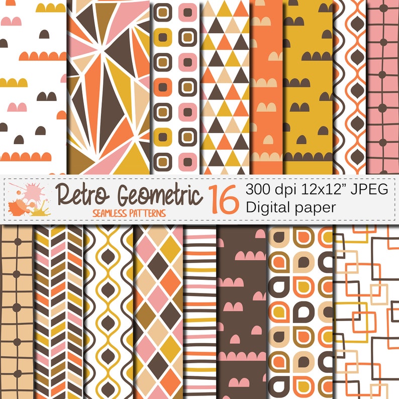 Retro Geometric Digital Paper, Brown Orange Yellow Pink Seamless ...