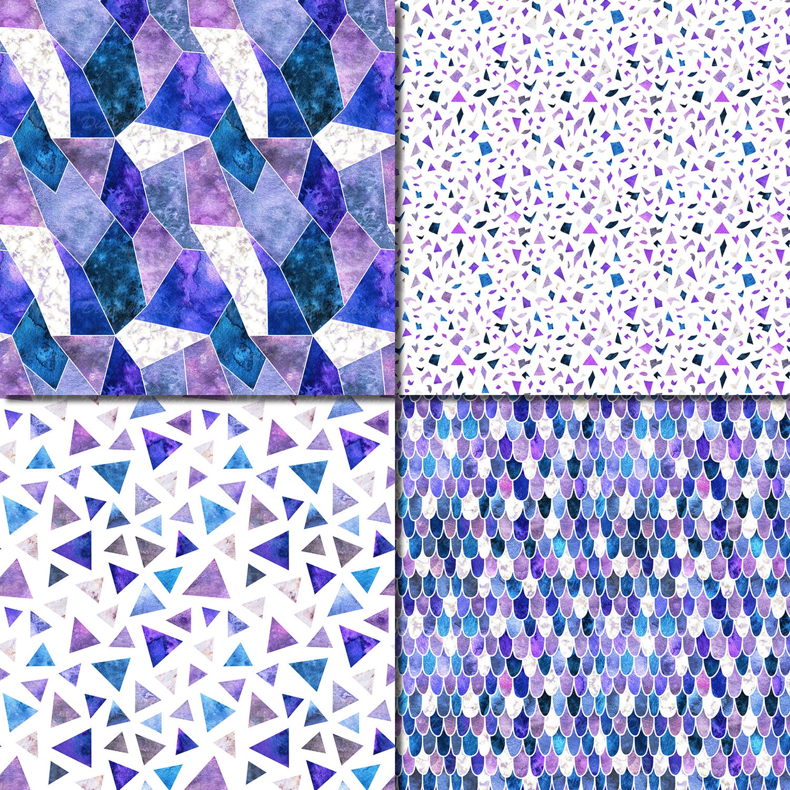 Watercolor and Marble Digital Paper, Purple and Blue Watercolour ...