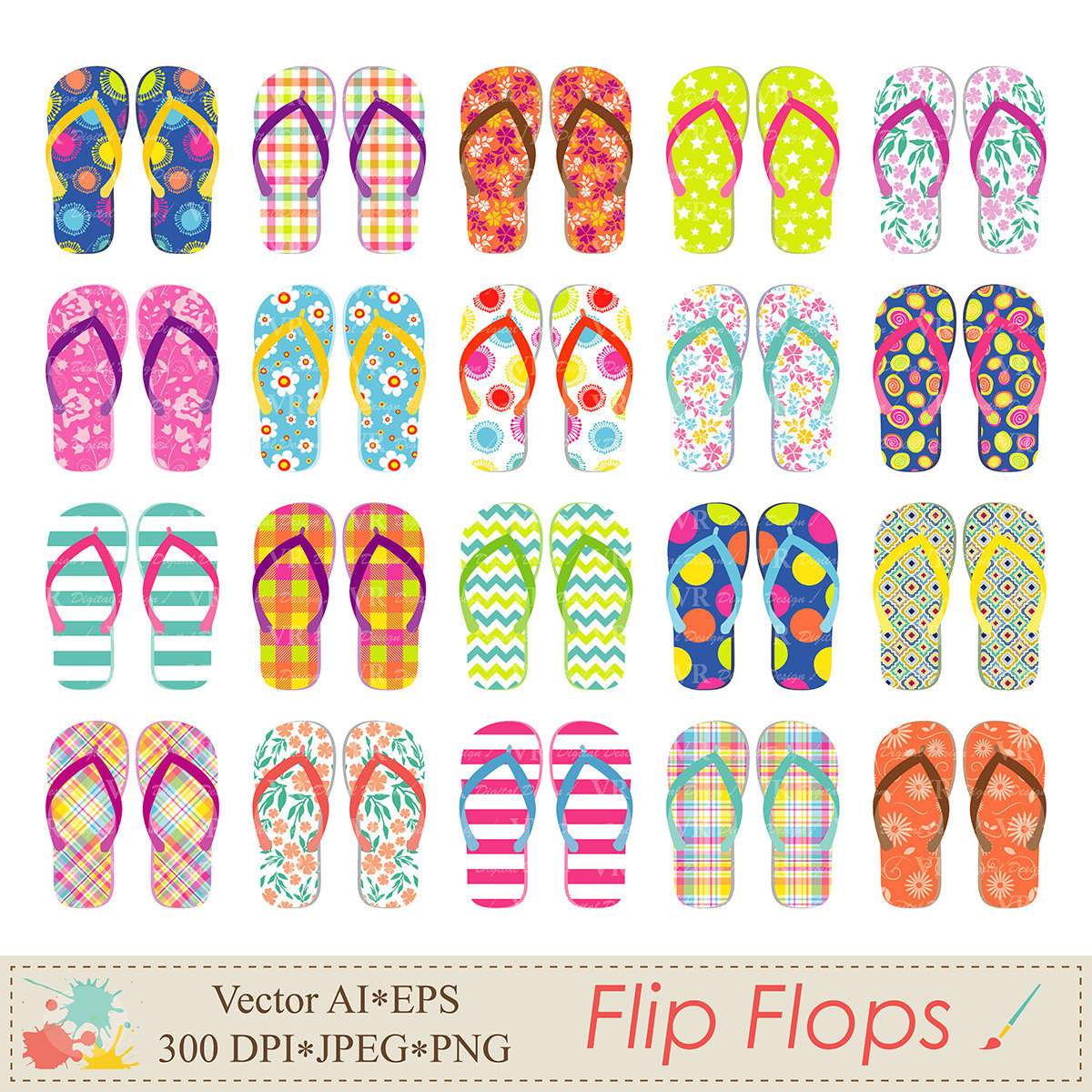 Flip Flops Clip Art, Summer Shoes Clipart, Beach Clipart, Instant ...