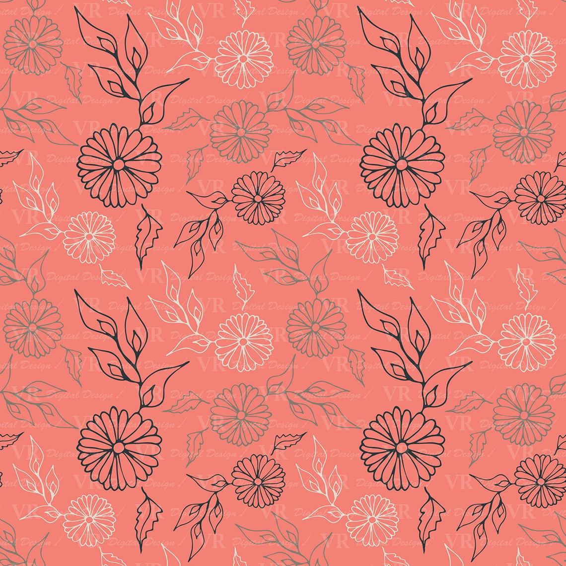 Seamless Elegant Floral Digital Paper, Hand Drawn Flowers Seamless ...
