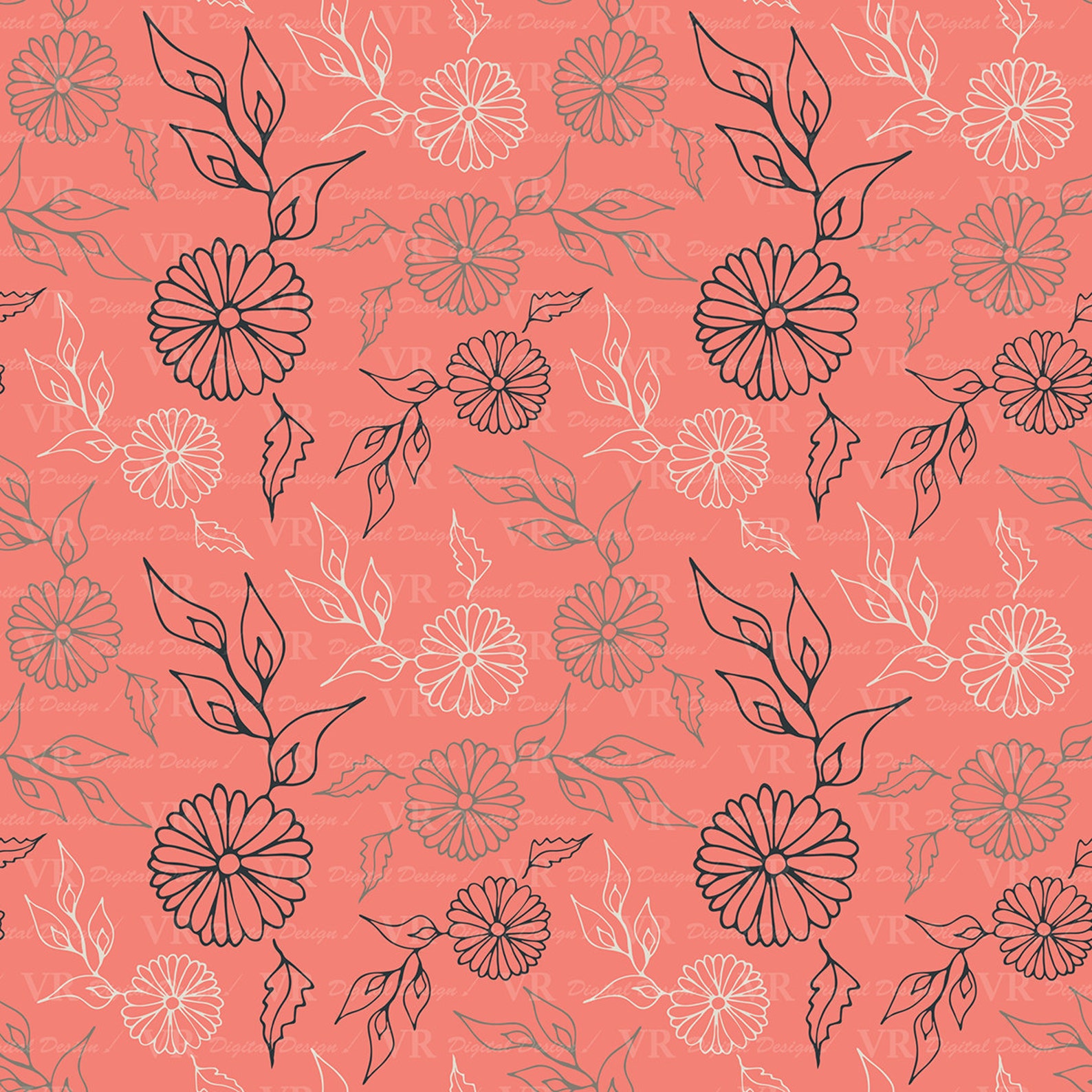 Seamless Elegant Floral Digital Paper, Hand Drawn Flowers Seamless ...