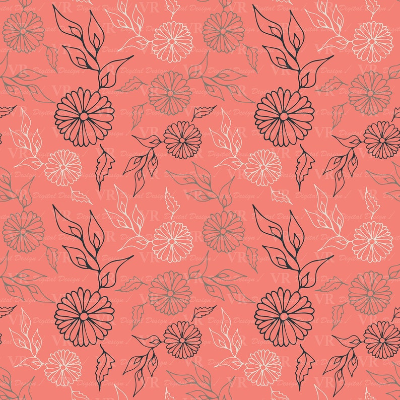 Seamless Elegant Floral Digital Paper, Hand Drawn Flowers Seamless ...