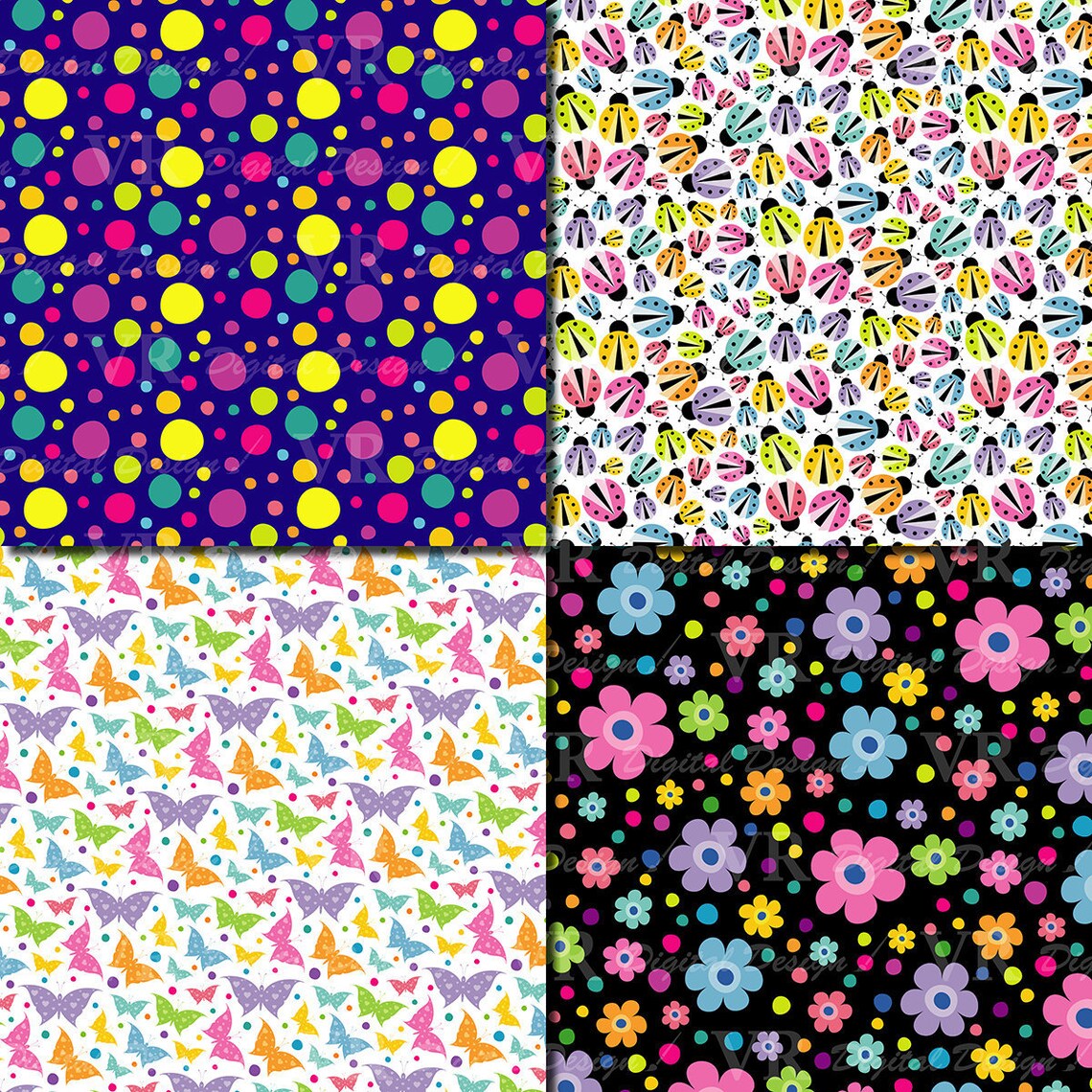 Bright Spring Digital Paper Set With Butterfly Ladybugs and Flowers ...