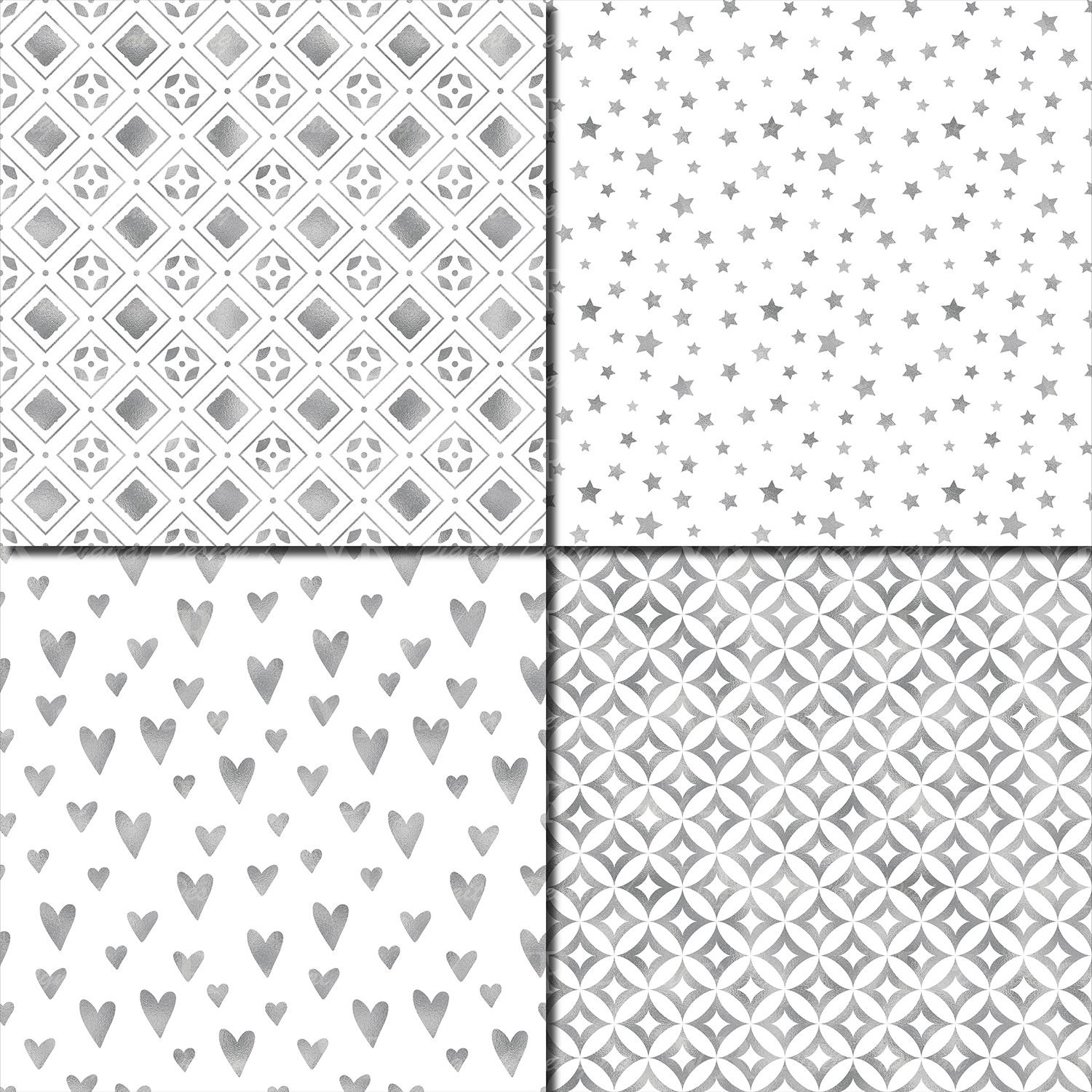 Silver Foil Digital Paper, Seamless Metallic Foil Geometric Patterns ...