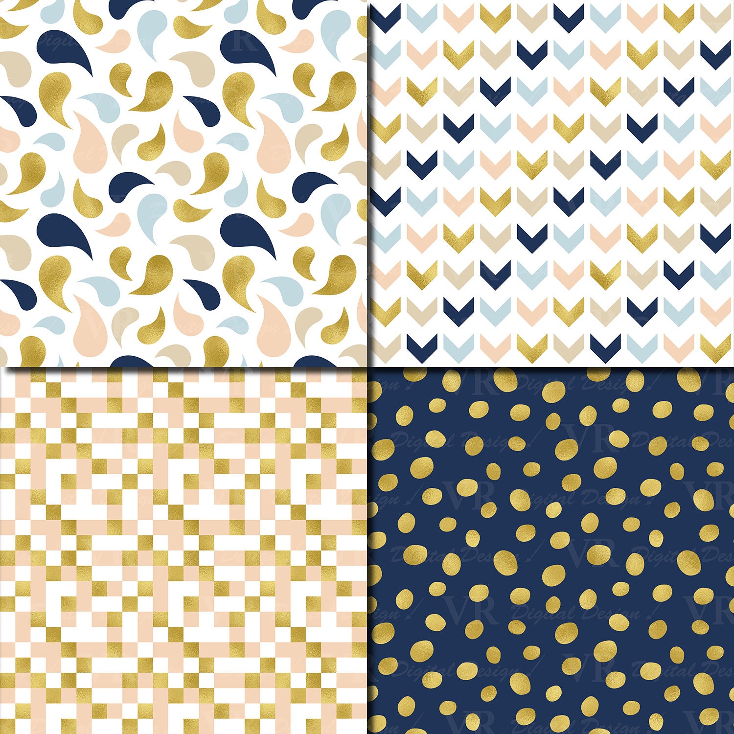 Blue, Neutral and Gold Foil Digital Paper, Seamless Geometric Patterns ...