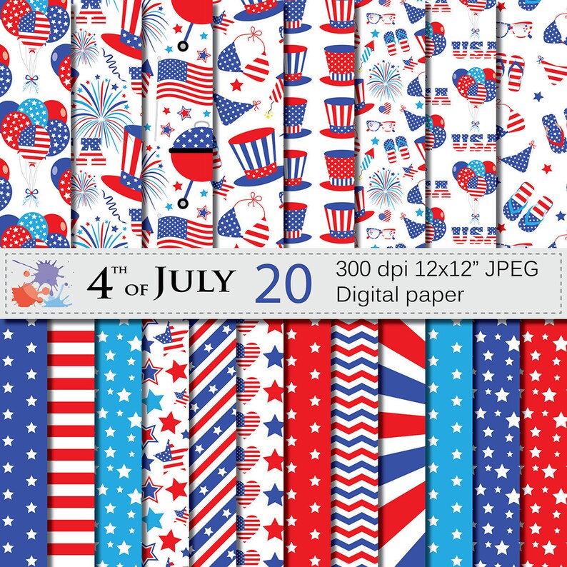 4th of July Digital Papers, Patriotic USA Red and Blue Stars and ...