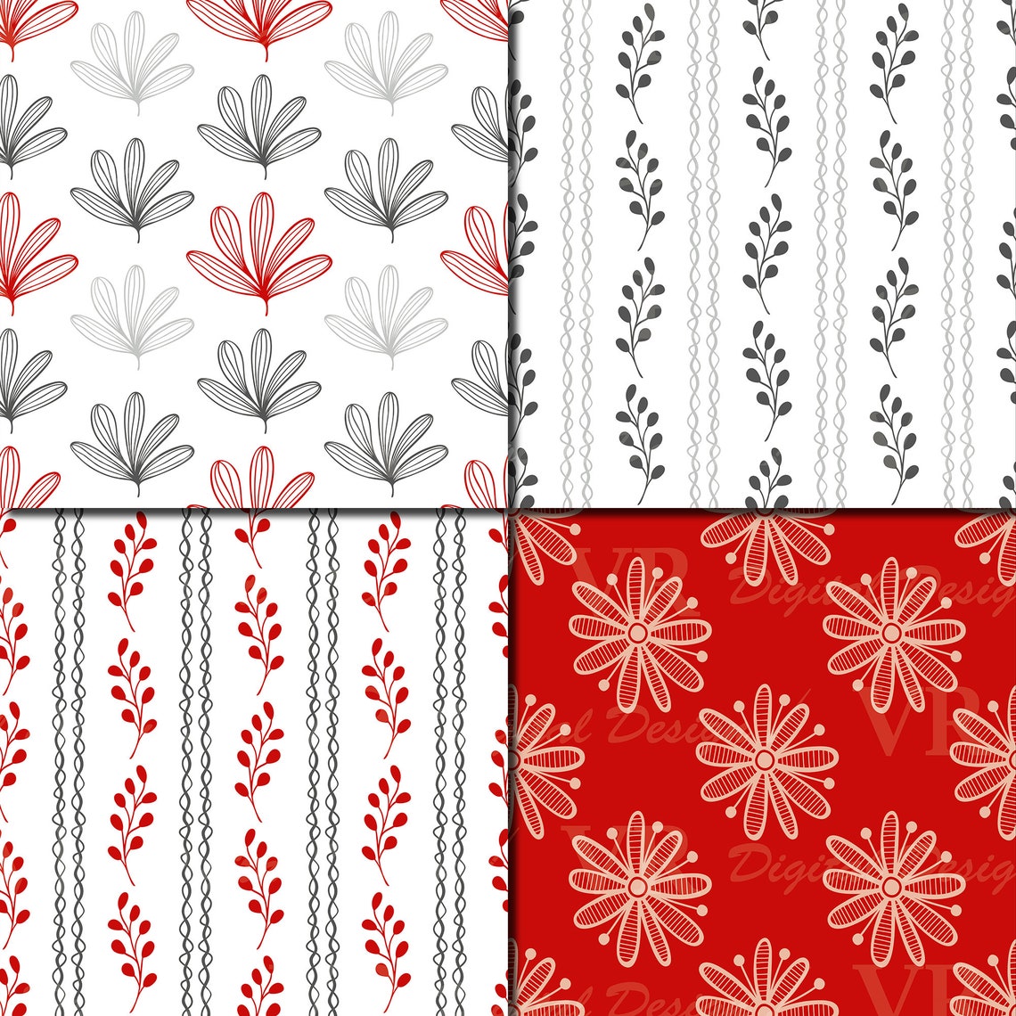 Red and Gray Floral Digital Paper Flower Doodles Seamless - Etsy