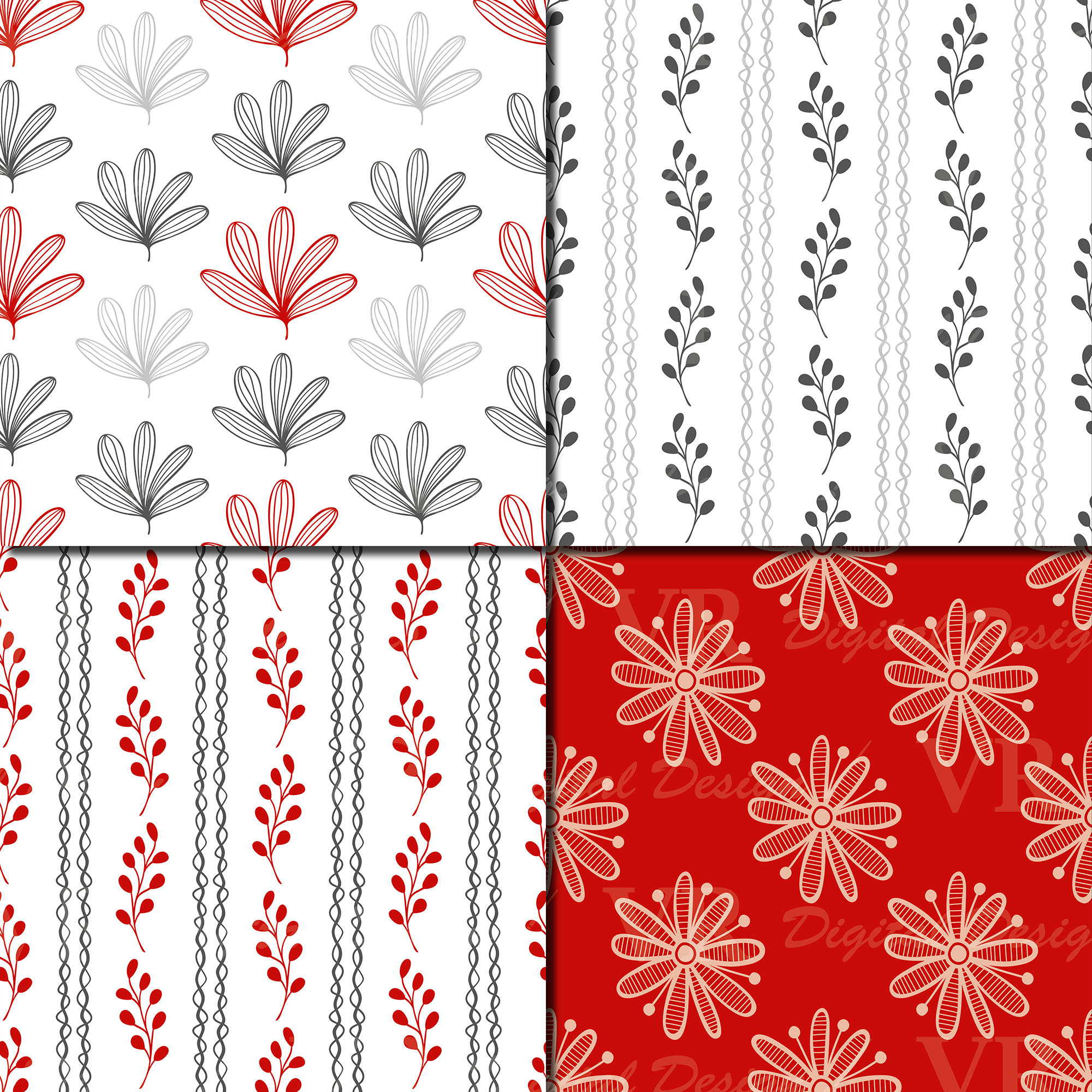 Red and Gray Floral Digital Paper Flower doodles seamless | Etsy