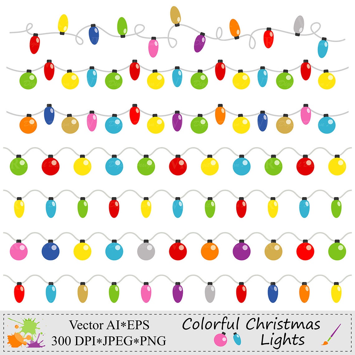 Colorful Christmas String Lights Clip Art, Bright Holiday Lights ...