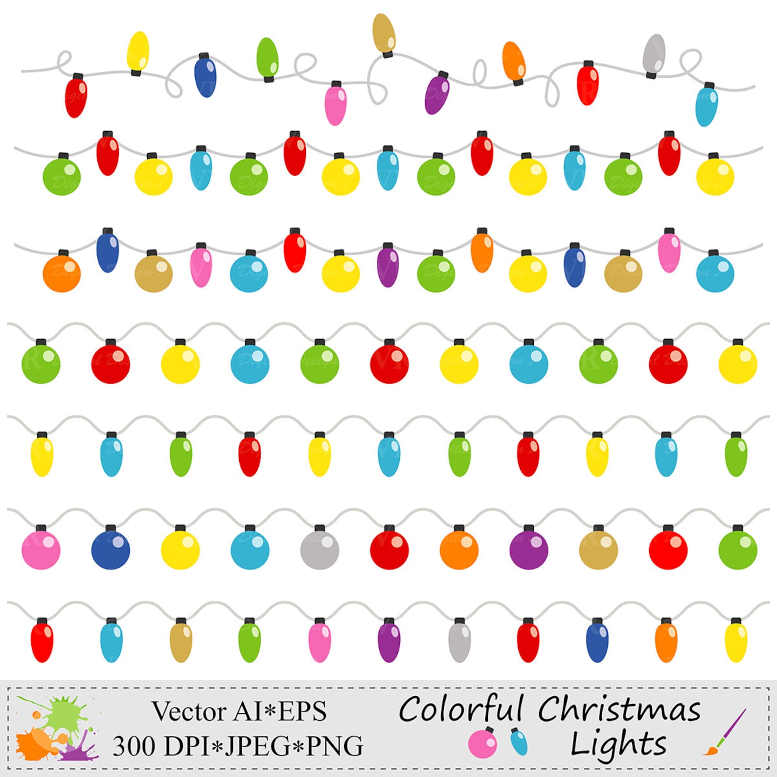 Colorful Christmas String Lights Clip Art, Bright Holiday Lights ...