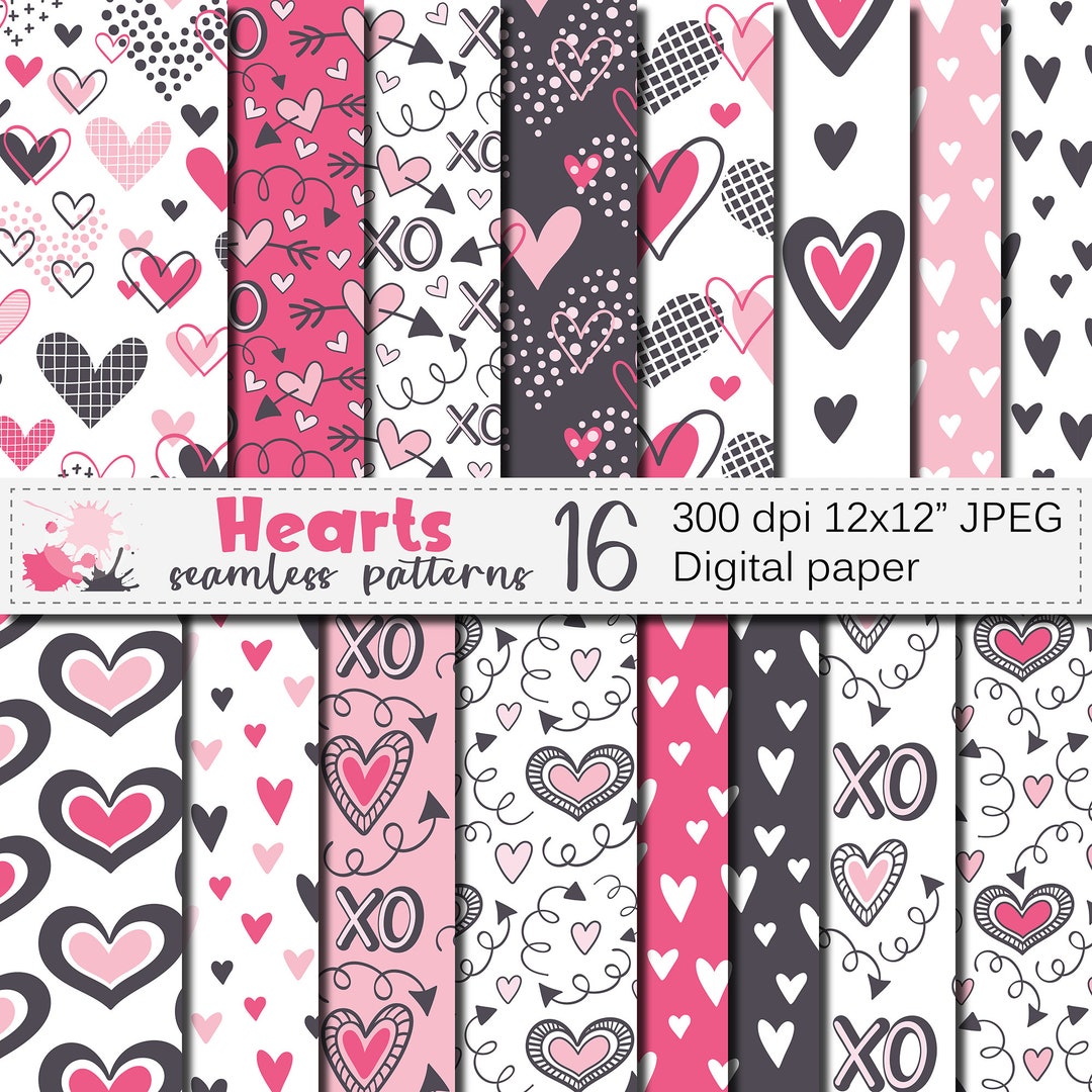 Hearts Digital Paper, Red and Pink Valentine's Day Seamless Patterns ...