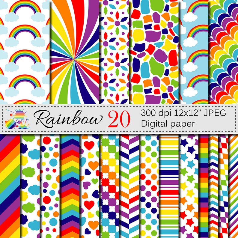 Rainbow Digital Paper Set, Multicolored Digital Scrapbook Printable ...