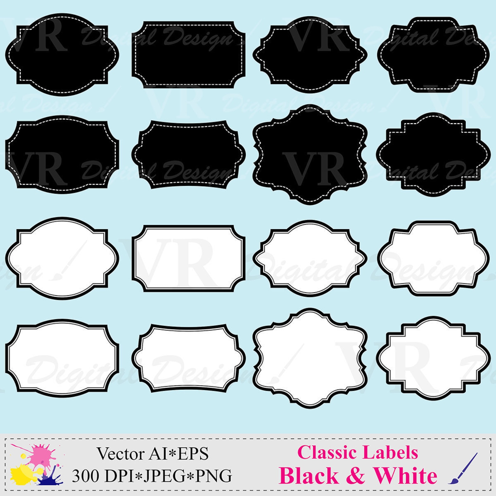 Labels Clip Art, Frames Clipart, Black and White Digital Labels Frames ...