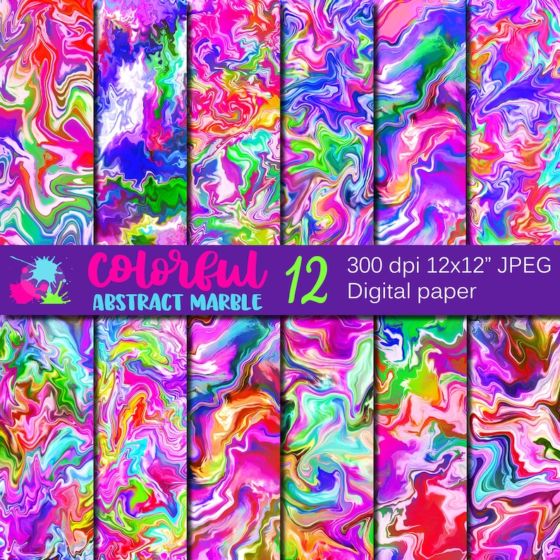 Colorful Marble Abstract Digital Paper / Rainbow Marble Backgrounds ...