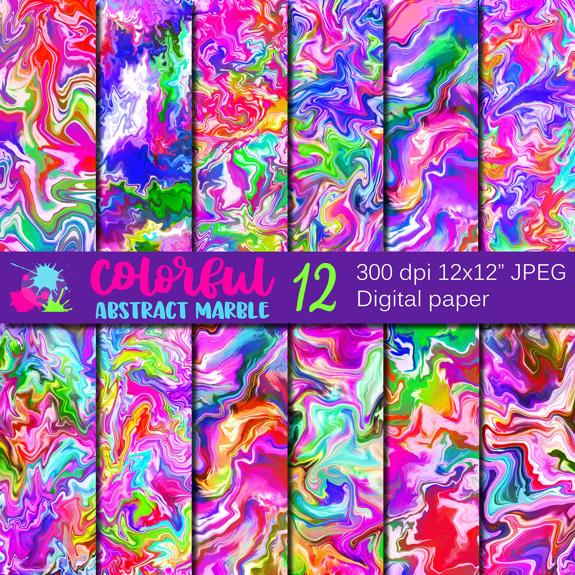 Colorful Marble Abstract Digital Paper / Rainbow Marble Backgrounds ...