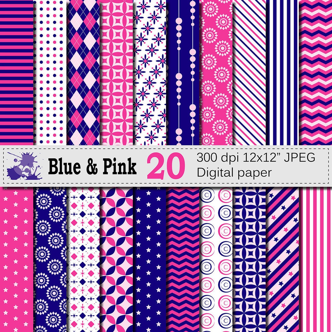 Blue and Pink Digital Paper Set, Geometric Digital Printable Scrapbook ...
