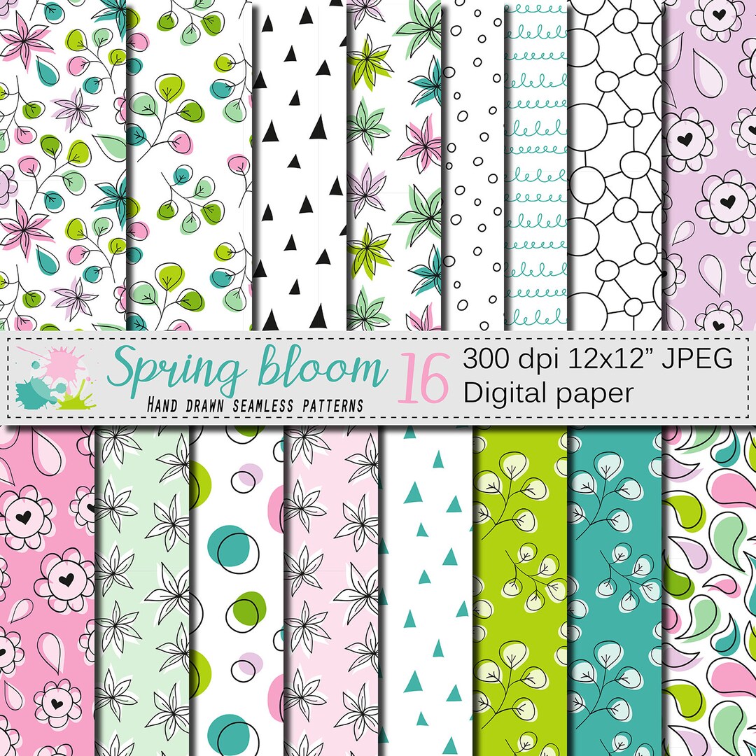 Spring Flowers Digital Paper, Spring Bloom Seamless Hand Drawn Patterns ...