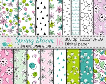 Seamless Floral Digital Paper Hand Drawn Flowers Seamless - Etsy