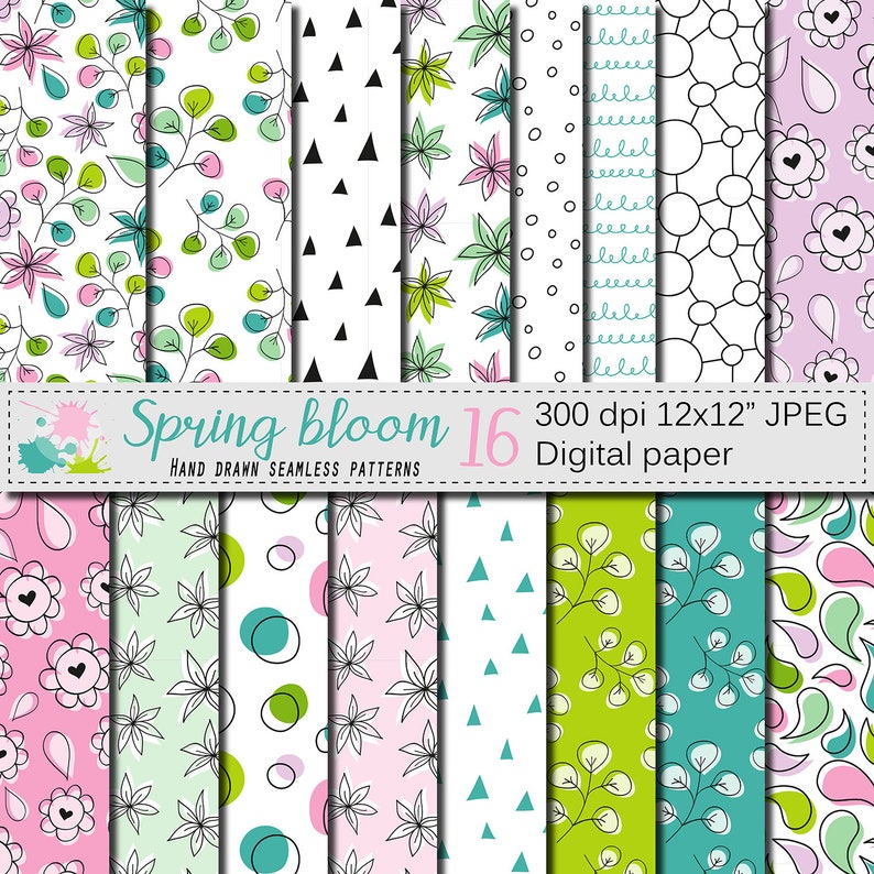 Spring Flowers Digital Paper Spring Bloom Seamless Hand Drawn - Etsy