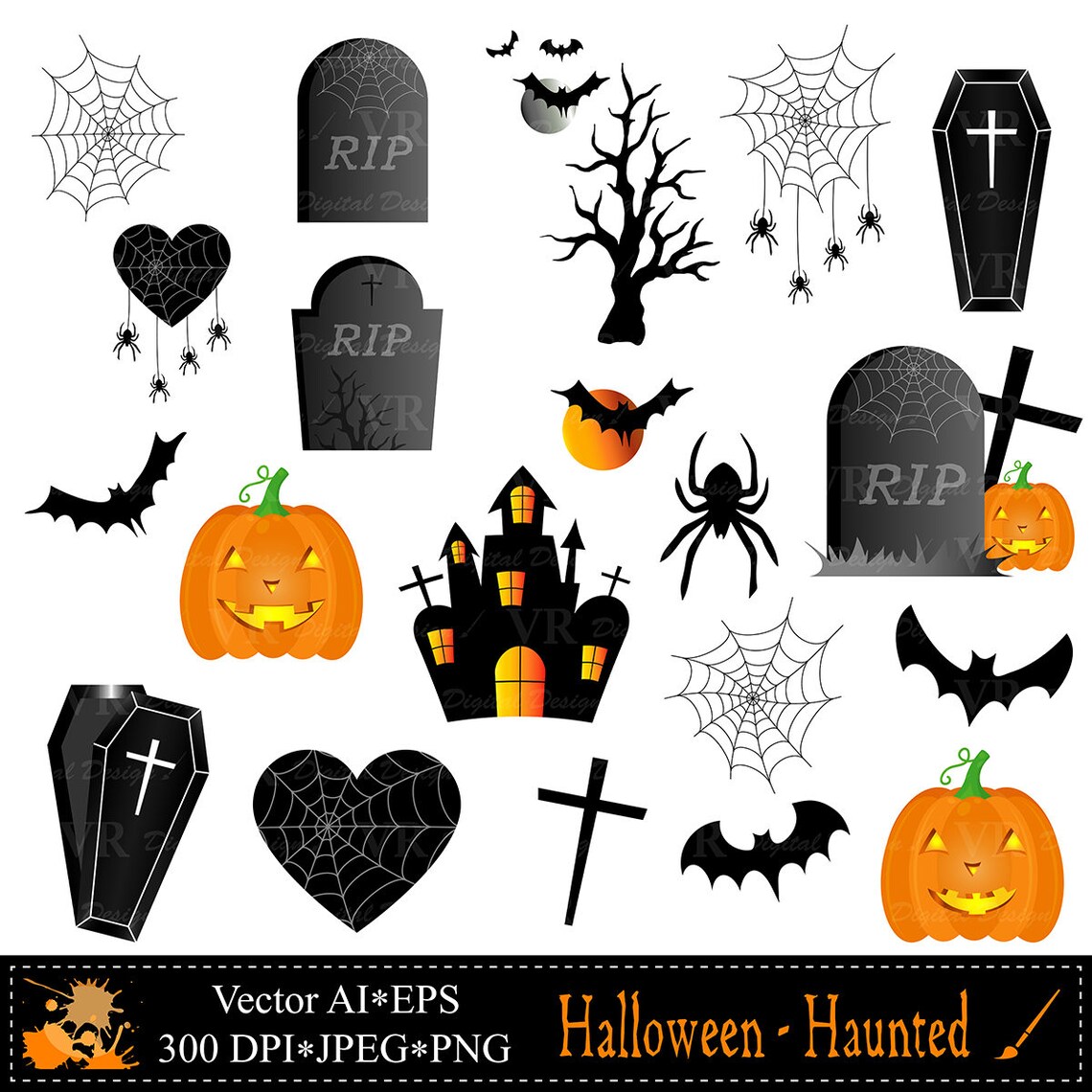 Halloween Clip Art With Haunted House, Haunted Tree, Pumpkins, Coffin ...