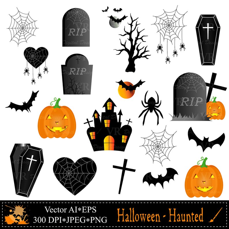Halloween Clip Art With Haunted House, Haunted Tree, Pumpkins, Coffin ...