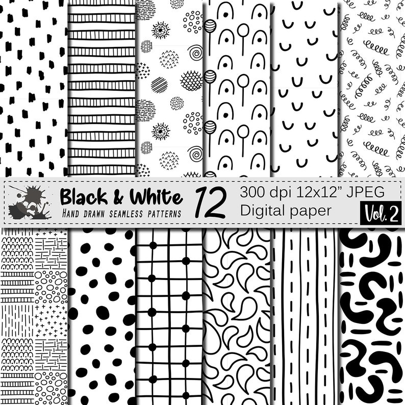 Black and White Hand Drawn Seamless Digital Paper, Trendy Monochrome ...