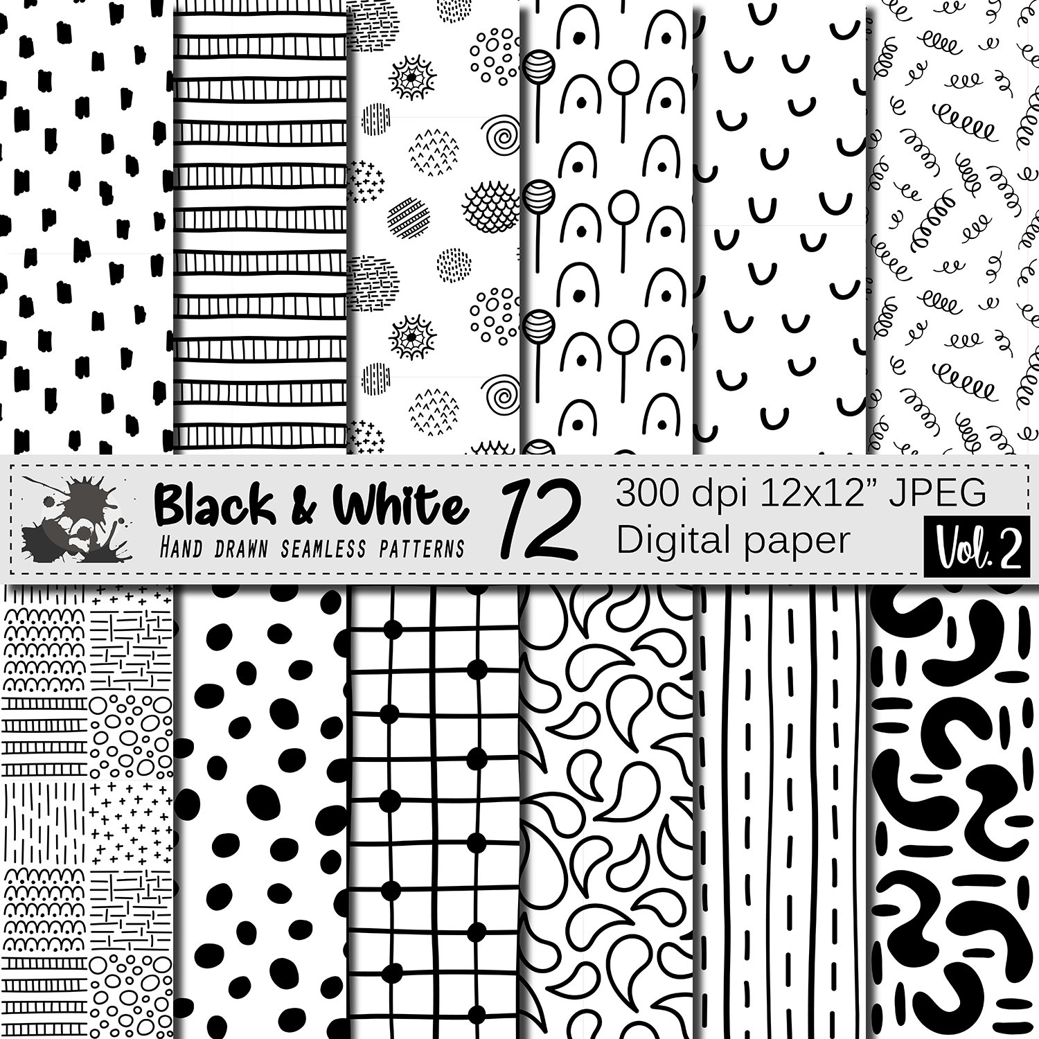 Black and White Hand Drawn Seamless Digital Paper, Trendy Monochrome ...