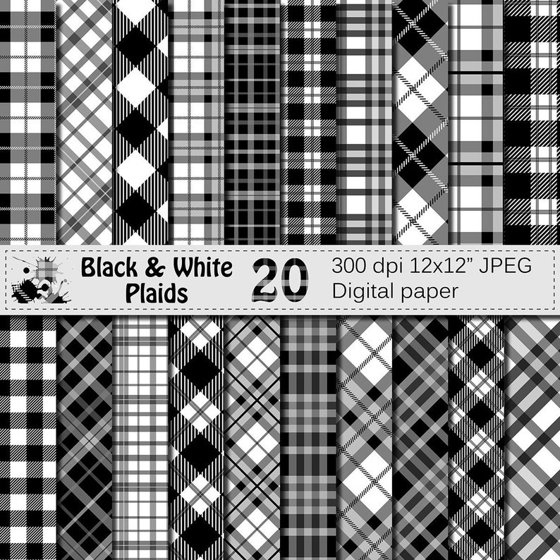 Black and White Plaids Digital Paper, Buffalo Plaid Lumberjack Check ...