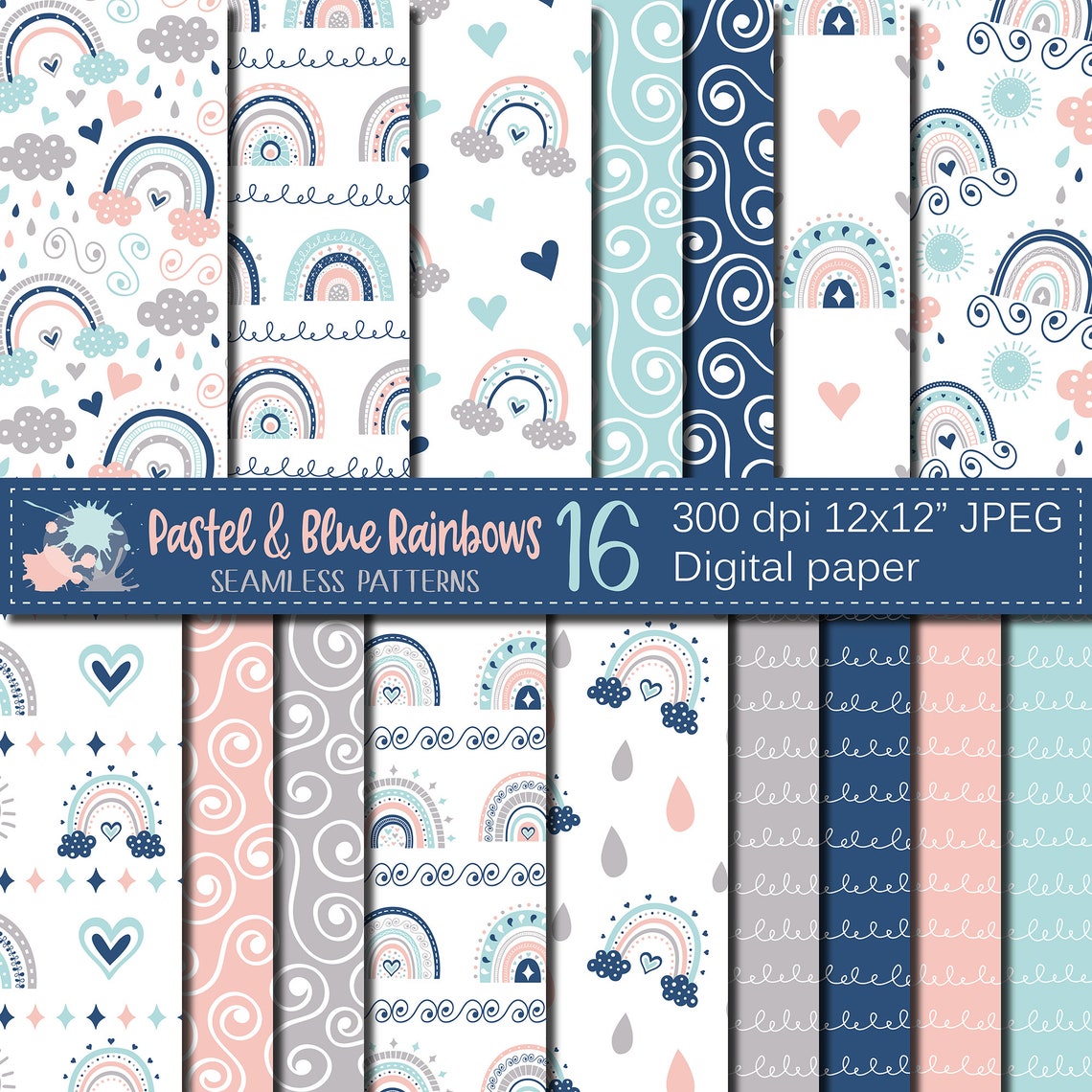 Pastel and Blue Rainbows Digital Paper Cute Rainbow Seamless | Etsy