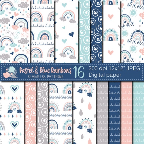Pastel and Blue Rainbows Digital Paper Cute Rainbow Seamless - Etsy