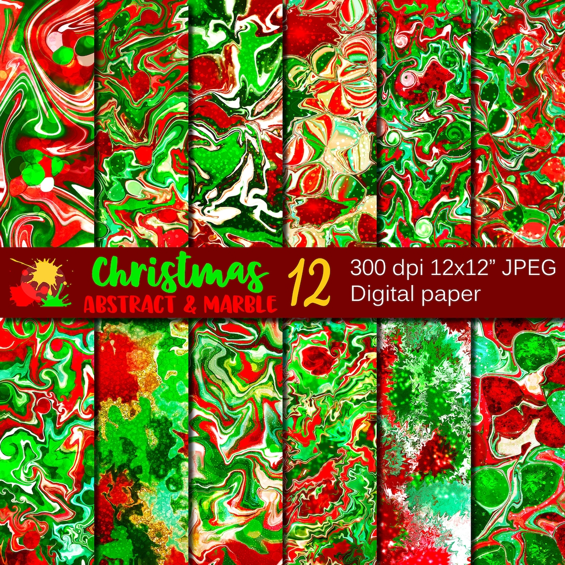 Christmas Marble Abstract Digital Paper / Shiny Red and Green Christmas ...