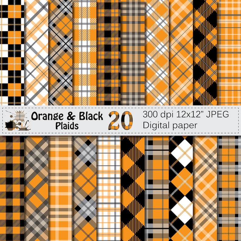 Orange and Black Plaids Digital Paper, Buffalo Plaid Lumberjack Check ...