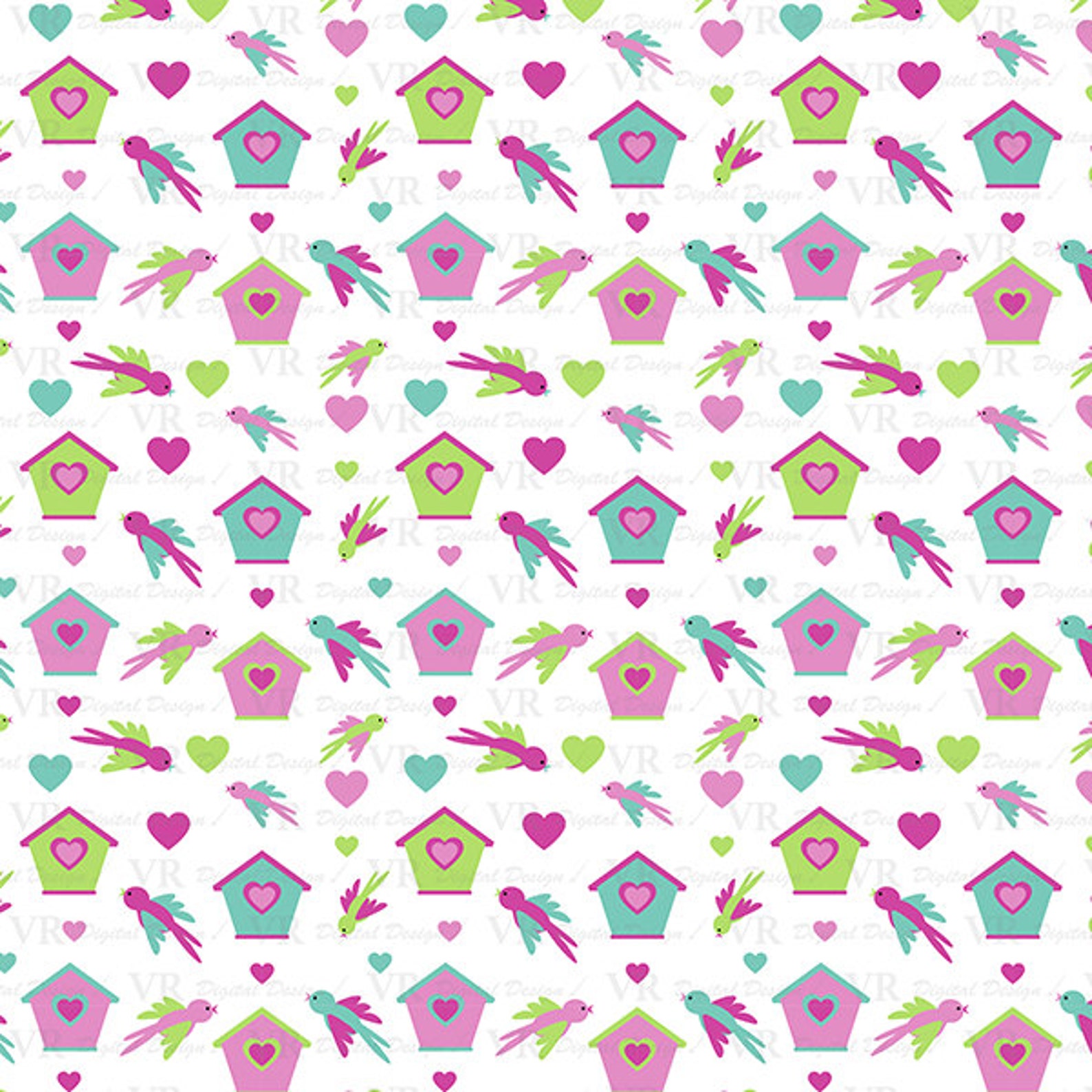 Birds and Owls Digital Paper Set, Scrapbooking Papers, Pink Green White ...