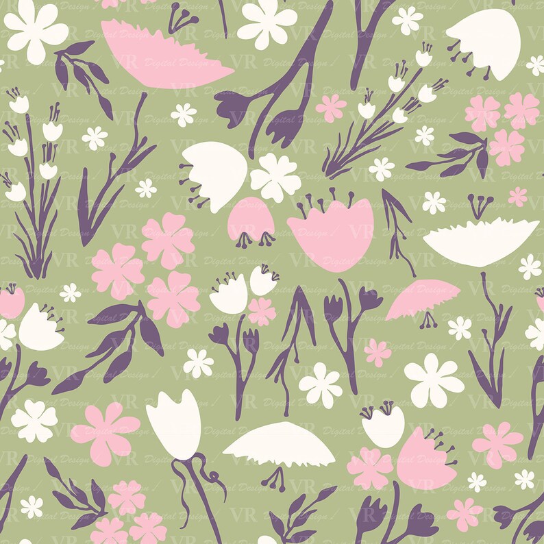 Seamless Spring Floral Digital Paper, Hand Drawn Flowers Seamless ...