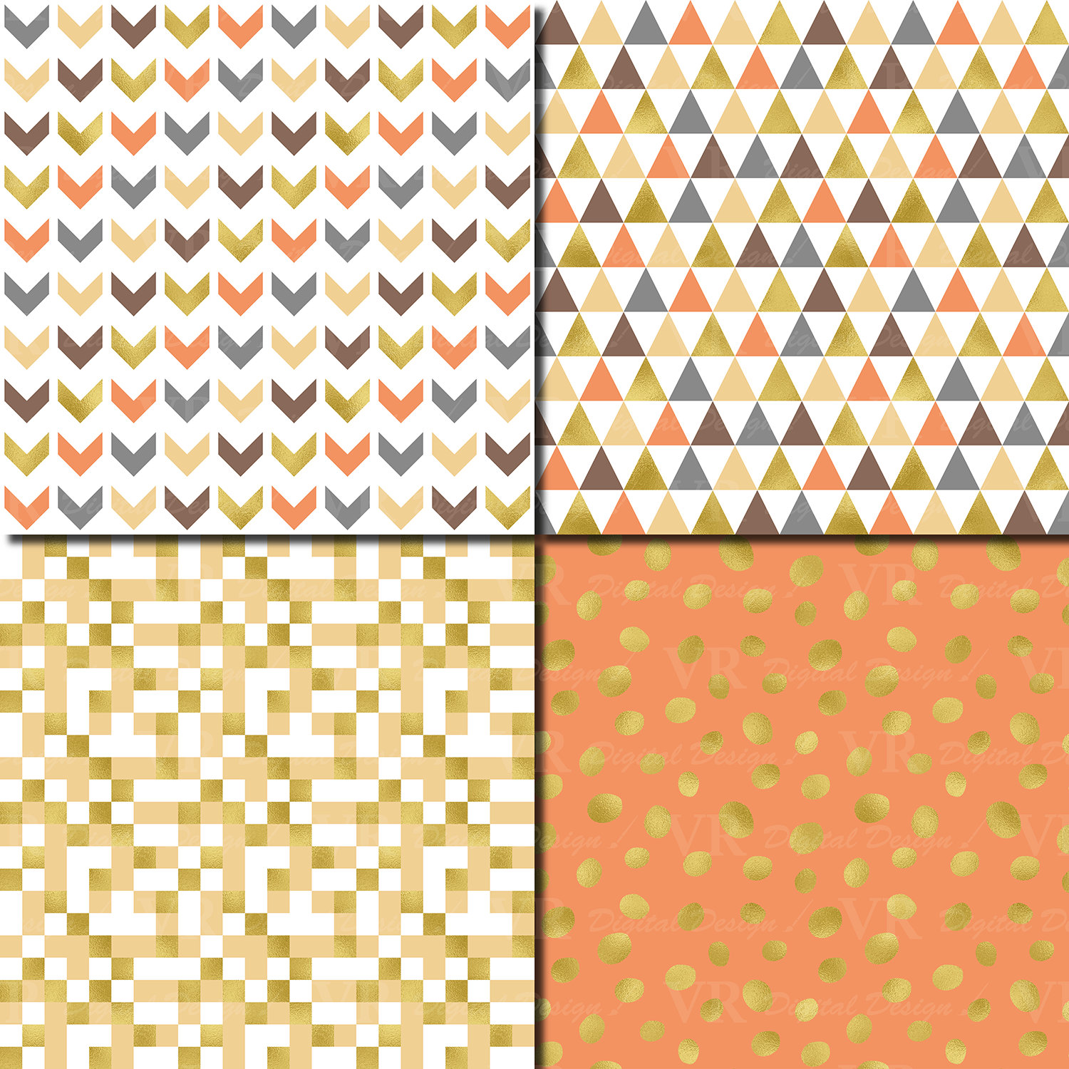 Brown, Orange and Gold Foil Digital Paper, Seamless Geometric Patterns ...