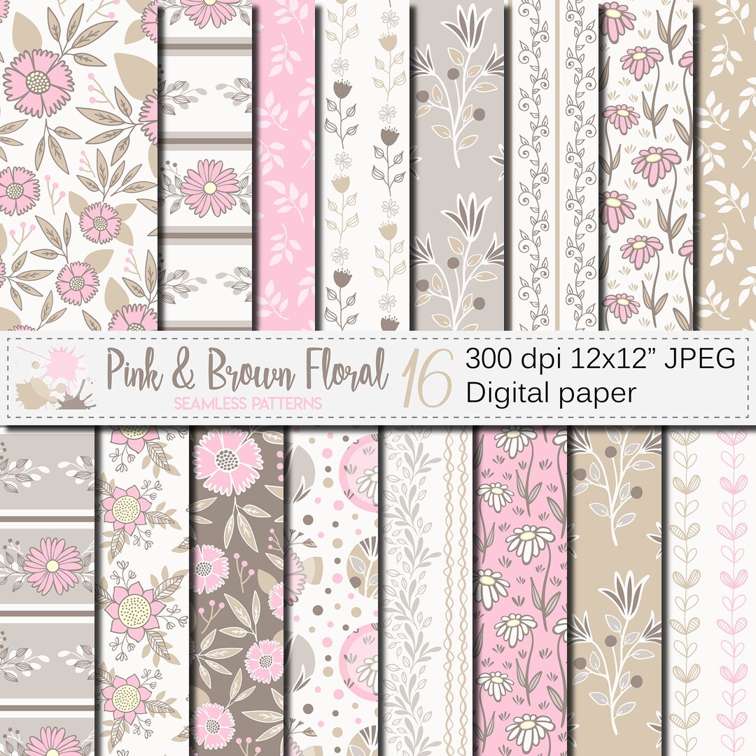 Pink and Brown Floral Digital Paper, Flowers Seamless Pattern, Neutral ...