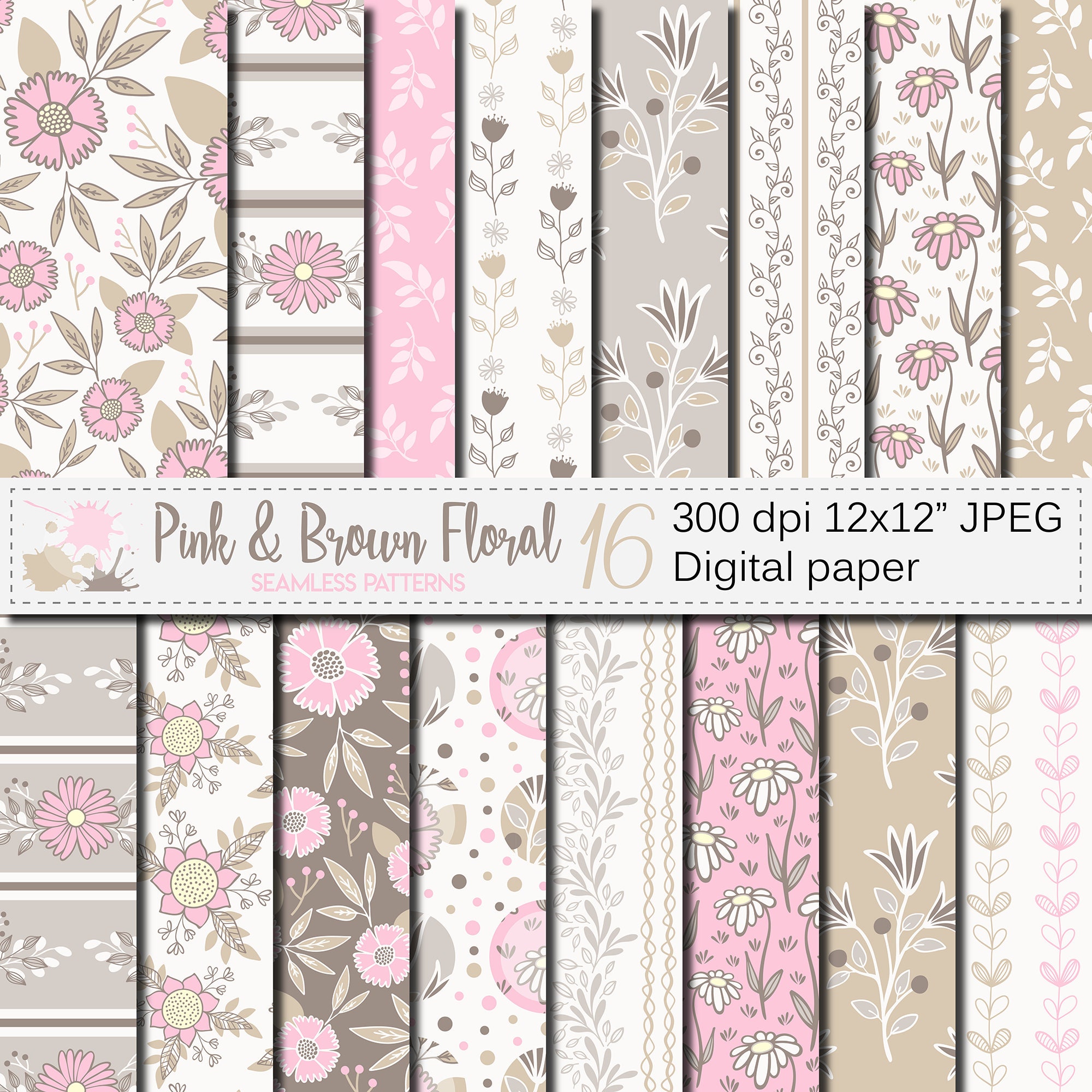 Pink and Brown Floral Digital Paper, Flowers Seamless Pattern, Neutral ...