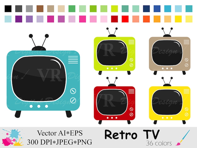 Retro TV Clip Art, Television Clipart, Rainbow Vintage TV Clipart ...