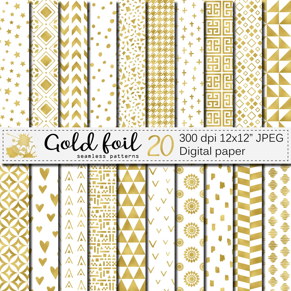 Gold Foil Digital Paper, Seamless Metallic Foil Geometric Patterns ...