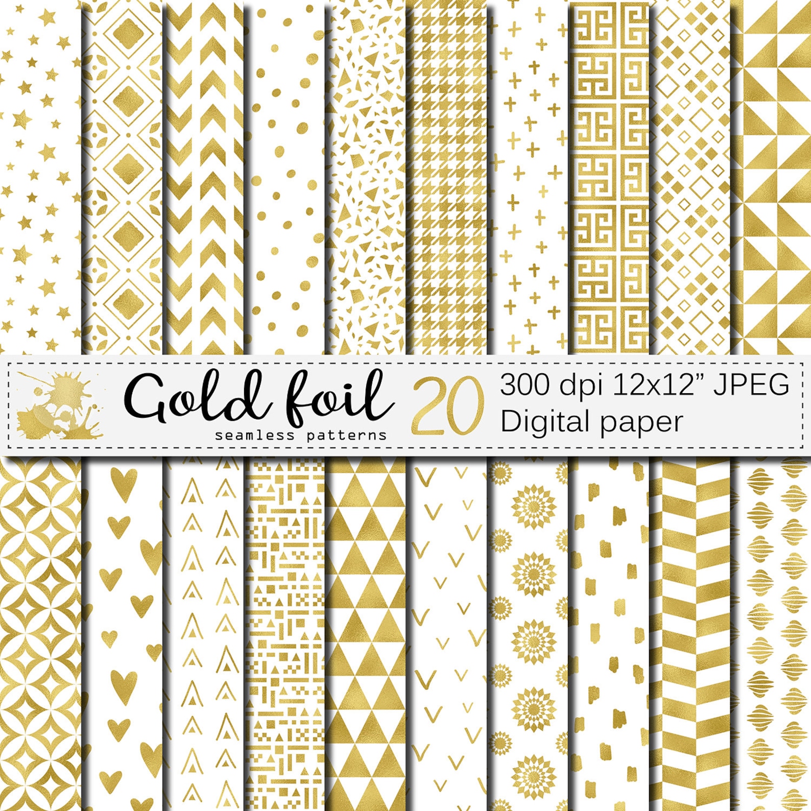 Gold Foil Digital Paper, Seamless Metallic Foil Geometric Patterns ...