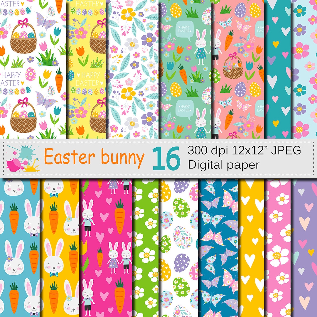 Easter Bunny Digital Paper, Bright Easter Seamless Patterns With ...