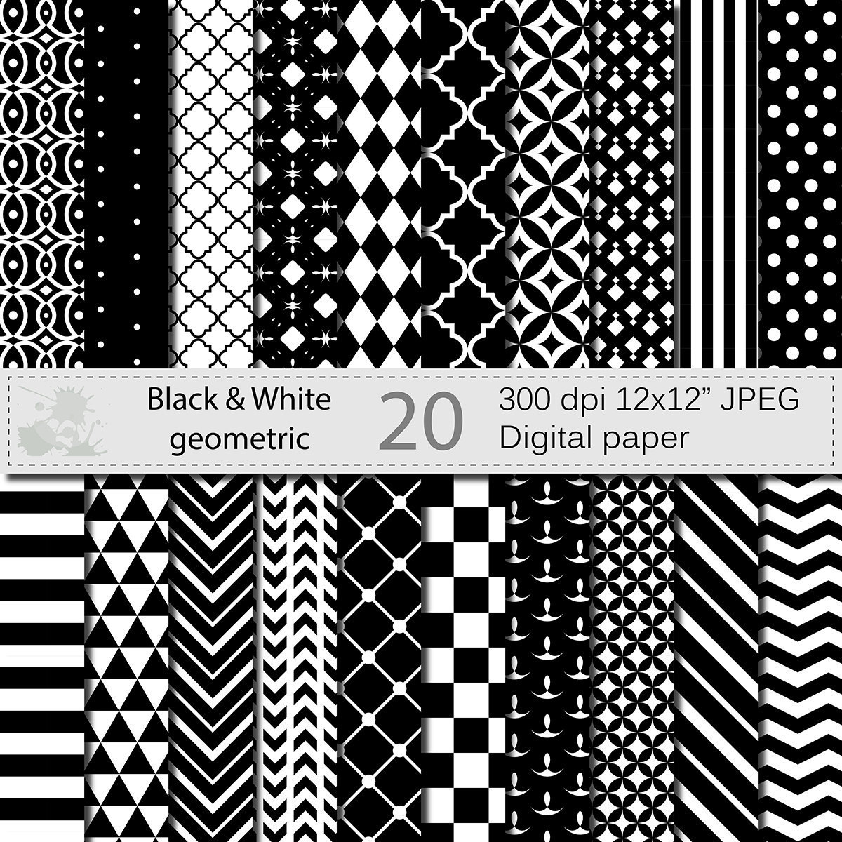 SALE 50% Black and White Geometric Digital Paper Set, Geometric Digital ...