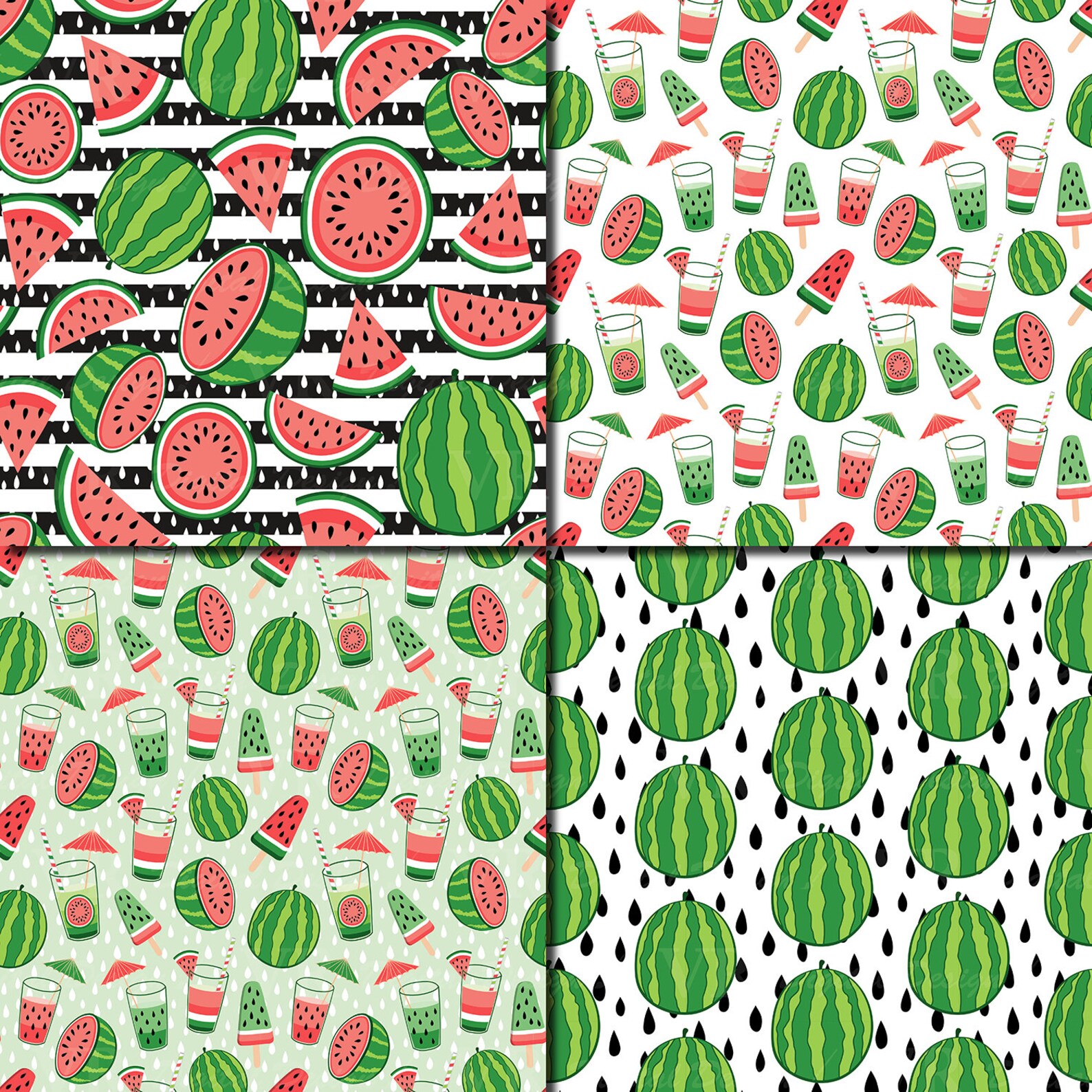 Watermelon Digital Paper, Cute Summer Fruit Digital Papers, Red and ...