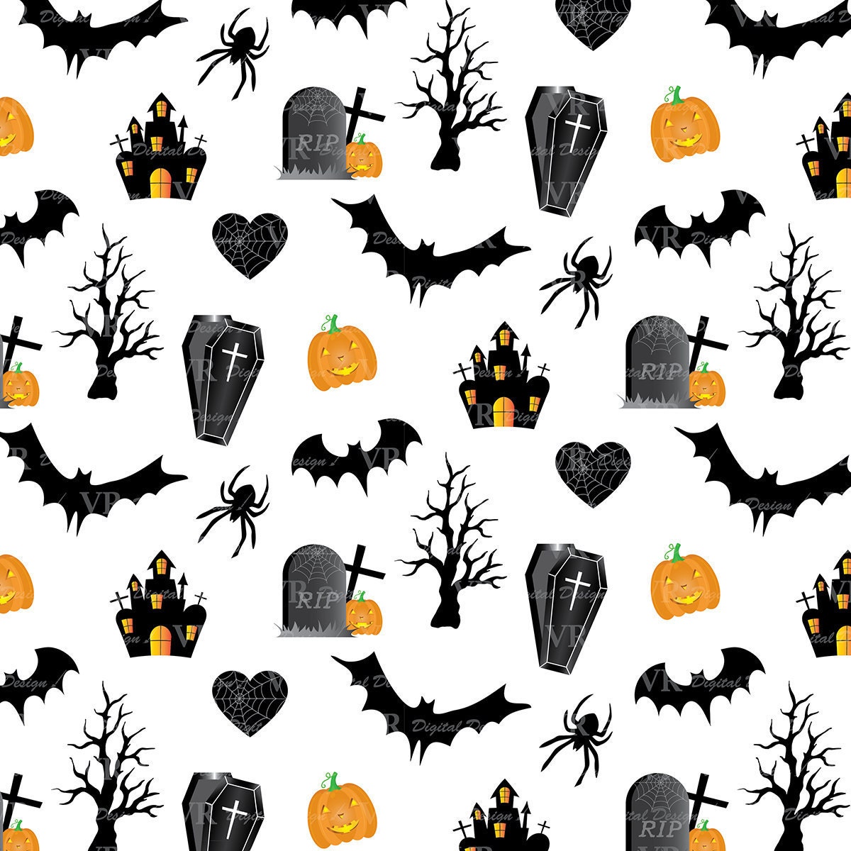 Halloween Digital Papers With Haunted House, Pumpkin, Bats, Spider ...