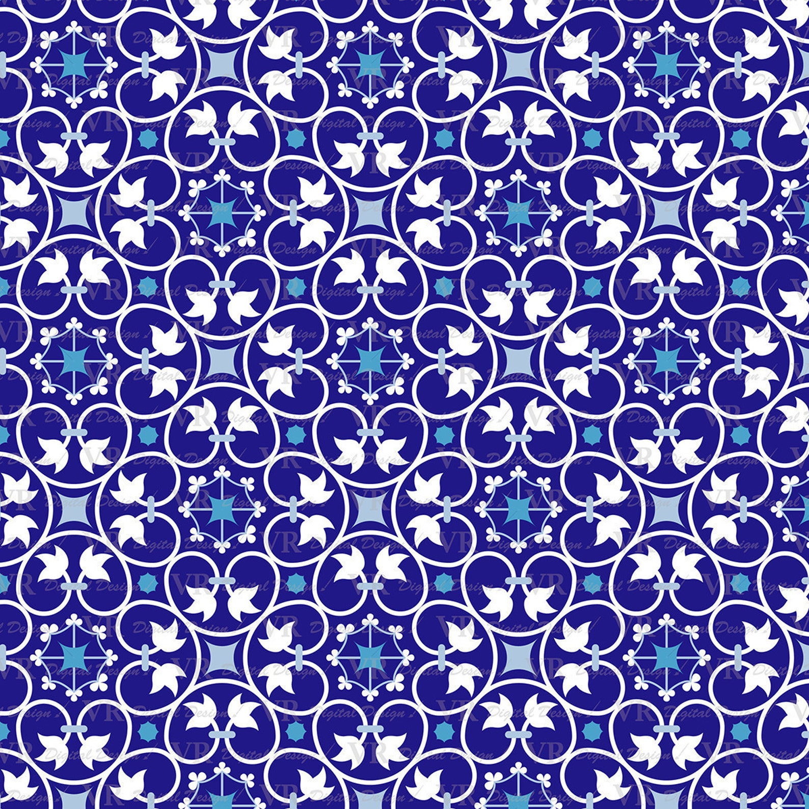 Blue Moroccan Digital Paper Set, Blue Ornamental Scrapbook Digital ...