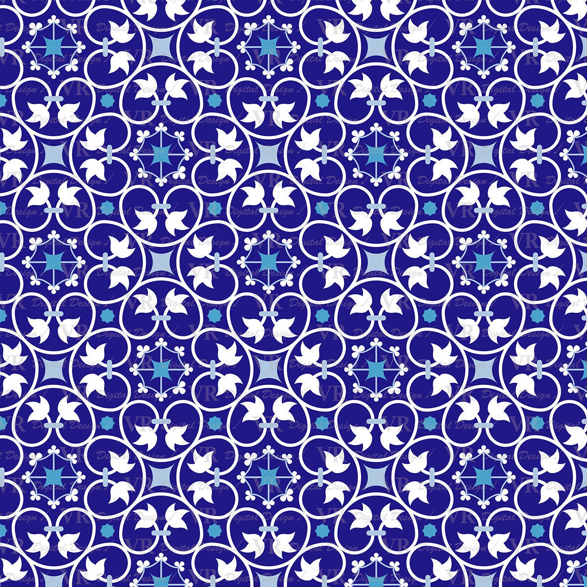 Blue Moroccan Digital Paper Set, Blue Ornamental Scrapbook Digital ...