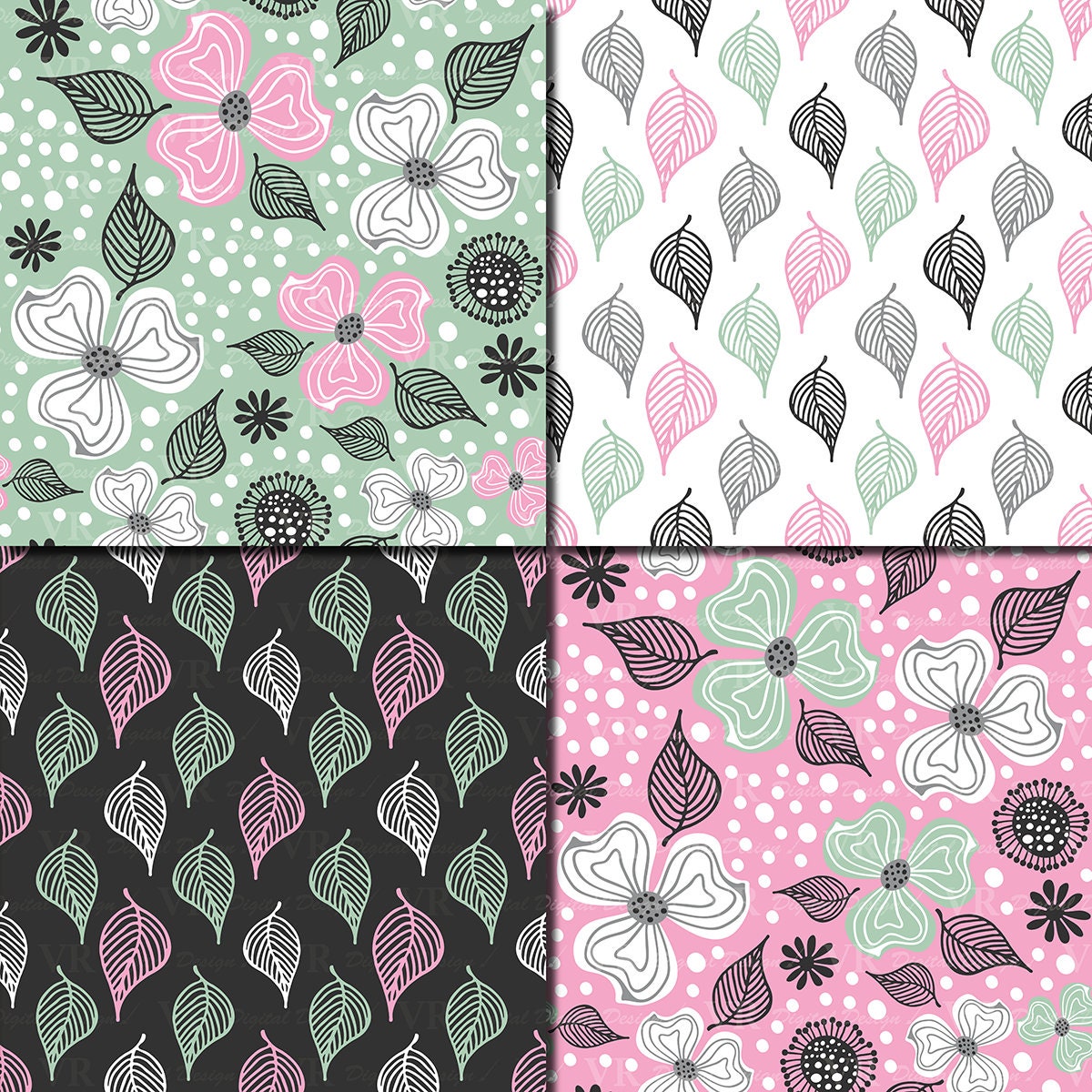 Seamless Floral Pink and Green Digital Paper "floral Dream", Hand Drawn ...